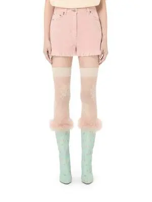 Valentino Garavani Cotton Denim Shorts With Fringed Hem - Pink