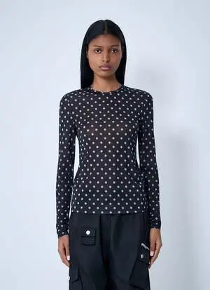 GANNI Printed Sheer Mesh Crewneck Long Sleeve Top - Black