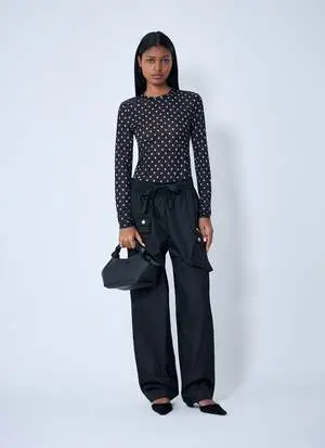 GANNI Printed Sheer Mesh Crewneck Long Sleeve Top - Black