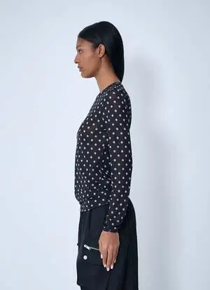 GANNI Printed Sheer Mesh Crewneck Long Sleeve Top - Black