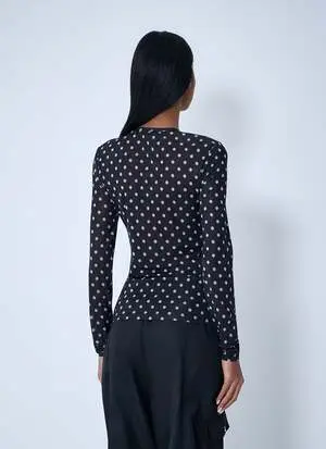 GANNI Printed Sheer Mesh Crewneck Long Sleeve Top - Black