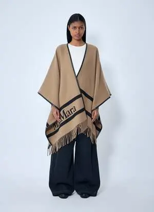 Max Mara Logo Motif Wool Knit Poncho With Fringe Hem - Multicolor