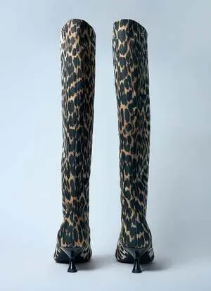 GANNI Leopard Eyelets Slouchy High Shaft Boots