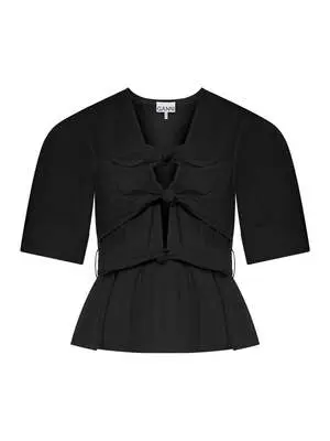 GANNI Stretch Cotton Puff Sleeve Tie Front Blouse