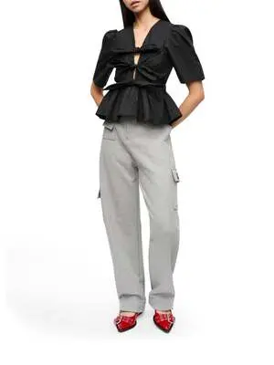 GANNI Stretch Cotton Puff Sleeve Tie Front Blouse