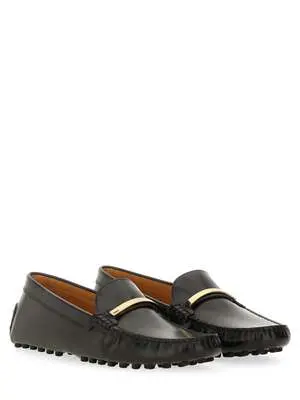 TOD'S Calfskin Moccasins With Gold Tone Bar Detail - Black
