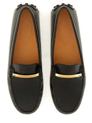 TOD'S Calfskin Moccasins With Gold Tone Bar Detail - Black