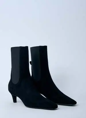 TOTEME Suede Kitten Heel Pointed Toe Boots - Black