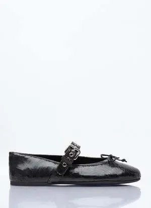 Miu Miu Crackled Leather Ballerina Flats With Bow Detail - Brown
