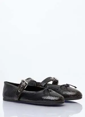 Miu Miu Crackled Leather Ballerina Flats With Bow Detail - Brown
