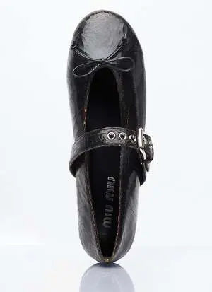 Miu Miu Crackled Leather Ballerina Flats With Bow Detail - Brown