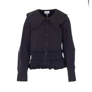 GANNI Ruffle Frill Detail Cotton Shirt - Black