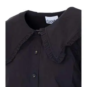 GANNI Ruffle Frill Detail Cotton Shirt - Black