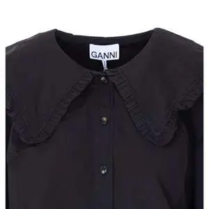 GANNI Ruffle Frill Detail Cotton Shirt - Black