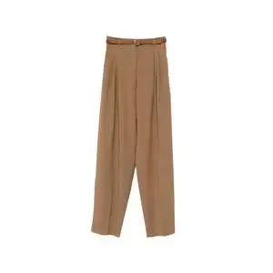 Max Mara Virgin Wool Belted Pleated Trousers - Brown