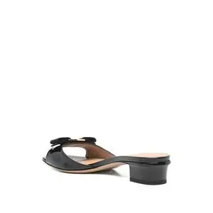 FERRAGAMO Patent Leather Bow Detail Block Heel Mules