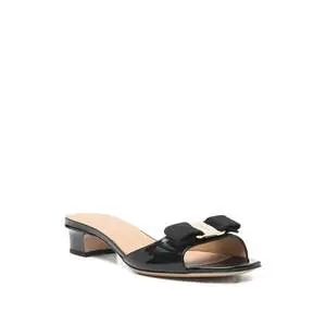 FERRAGAMO Patent Leather Bow Detail Block Heel Mules