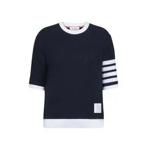 Thom Browne Navy Cotton Knit Top With Signature Four-bar Detail
