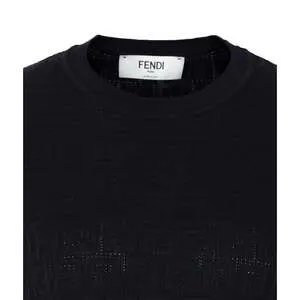 Fendi Knitted All Over Logo Short Sleeve Crew Neck T-shirt - Black