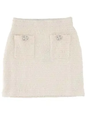 SELF-PORTRAIT Wool Blend Miniskirt With Embellished Pockets - Cream