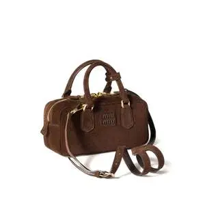Miu Miu Raffia Crochet Shoulder Bag With Embroidered Logo And Leather Details - Brown