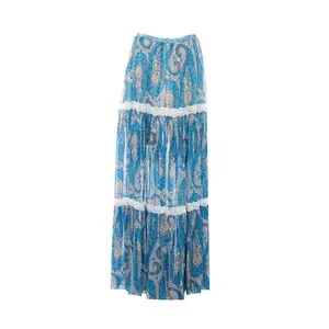 Etro Paisley Foliage Pattern Silk Crepon Long Skirt - Blue