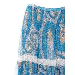 Etro Paisley Foliage Pattern Silk Crepon Long Skirt - Blue