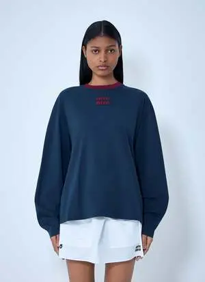 Miu Miu Cotton Jersey Sweatshirt With Logo Motif - Blue