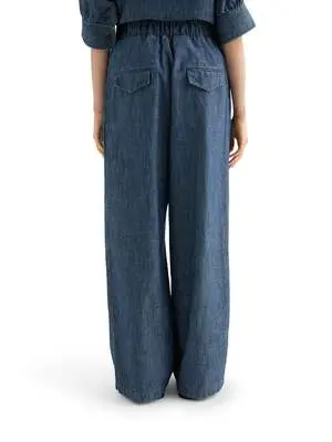 JIL SANDER Wide Leg Trousers In Indigo Cotton Chambray - Blue