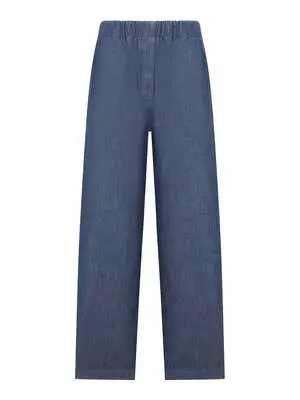 JIL SANDER Wide Leg Trousers In Indigo Cotton Chambray - Blue