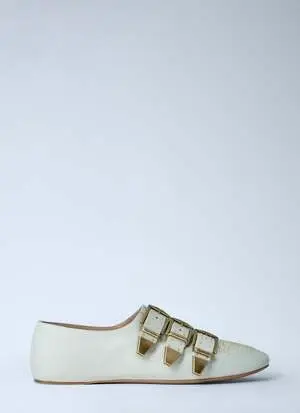 Chloé CHLOE Susanna Pointed Toe Textured Leather Flats With Buckle Detail White