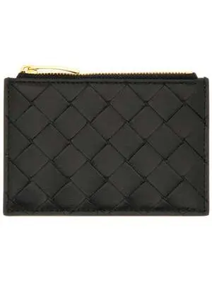 Bottega Veneta Woven Card Holder With Zipper - Black