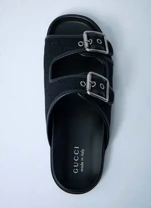 Gucci Gg Motif Slide Sandals With Buckle Fastening
