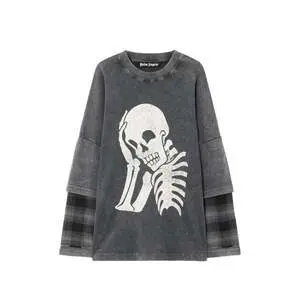 Palm Angels Grey Skull Graphic Layered Sleeve Sweatshirt