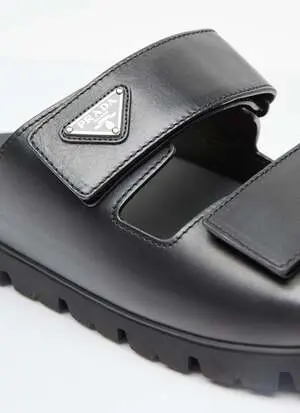 Prada Logo Plaque Leather Slides