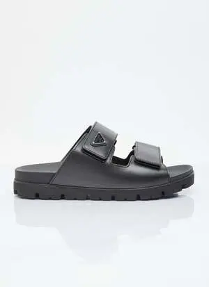 Prada Logo Plaque Leather Slides - Black