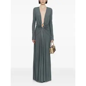 Christopher Esber V-neck Long Sleeve Ruched Crystal Embellishment Floor-length Dress