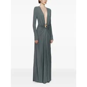 Christopher Esber CHRISTOPHER ESBER V-Neck Long Sleeve Ruched Crystal Embellishment Floor-Length Dress Gray