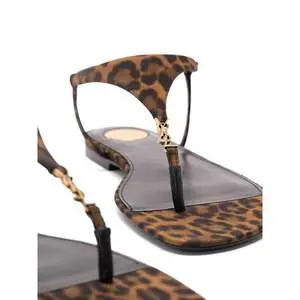 Saint Laurent Leopard Print T-strap Flat Sandals With Buckle Detail