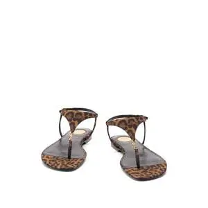 Saint Laurent Leopard Print T-strap Flat Sandals With Buckle Detail