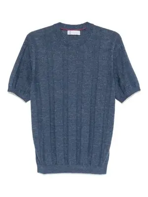 Brunello Cucinelli Ribbed Knit Short Sleeve Crew Neck Sweater