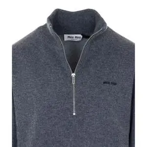 Miu Miu Cashmere Half-zip Turtleneck Sweater With Embroidered Logo - Gray