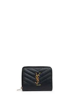 Saint Laurent Black Leather Cassandre Compact Zip Around Wallet - Multicolor