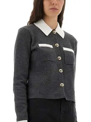 SELF-PORTRAIT Cardigan With Contrasting Collar - Gray