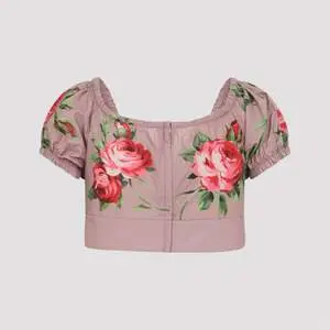 Dolce & Gabbana Rose Print Cotton Cropped Top With Bow Detail