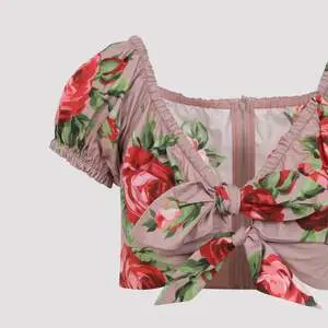 Dolce & Gabbana Rose Print Cotton Cropped Top With Bow Detail