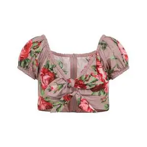 Dolce & Gabbana Rose Print Cotton Cropped Top With Bow Detail - Multicolor