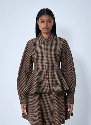 GANNI Crinkle Peplum Shirt With Checks - Brown
