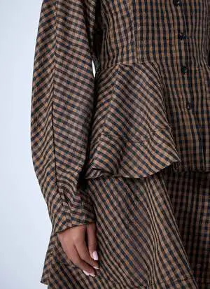 GANNI Crinkle Peplum Shirt With Checks - Brown