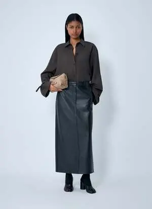 TOTEME Pebble-grain Leather Paneled Skirt